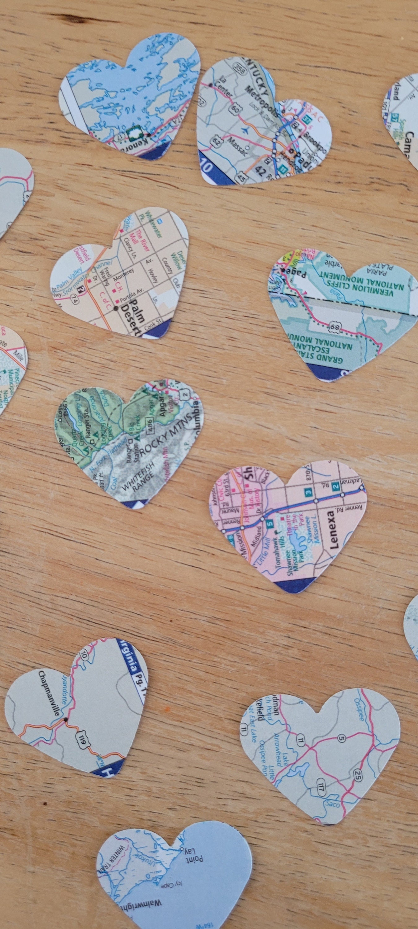 100 Map Paper Hearts/ Hand Punched Hearts / Heart Confetti / Heart ...