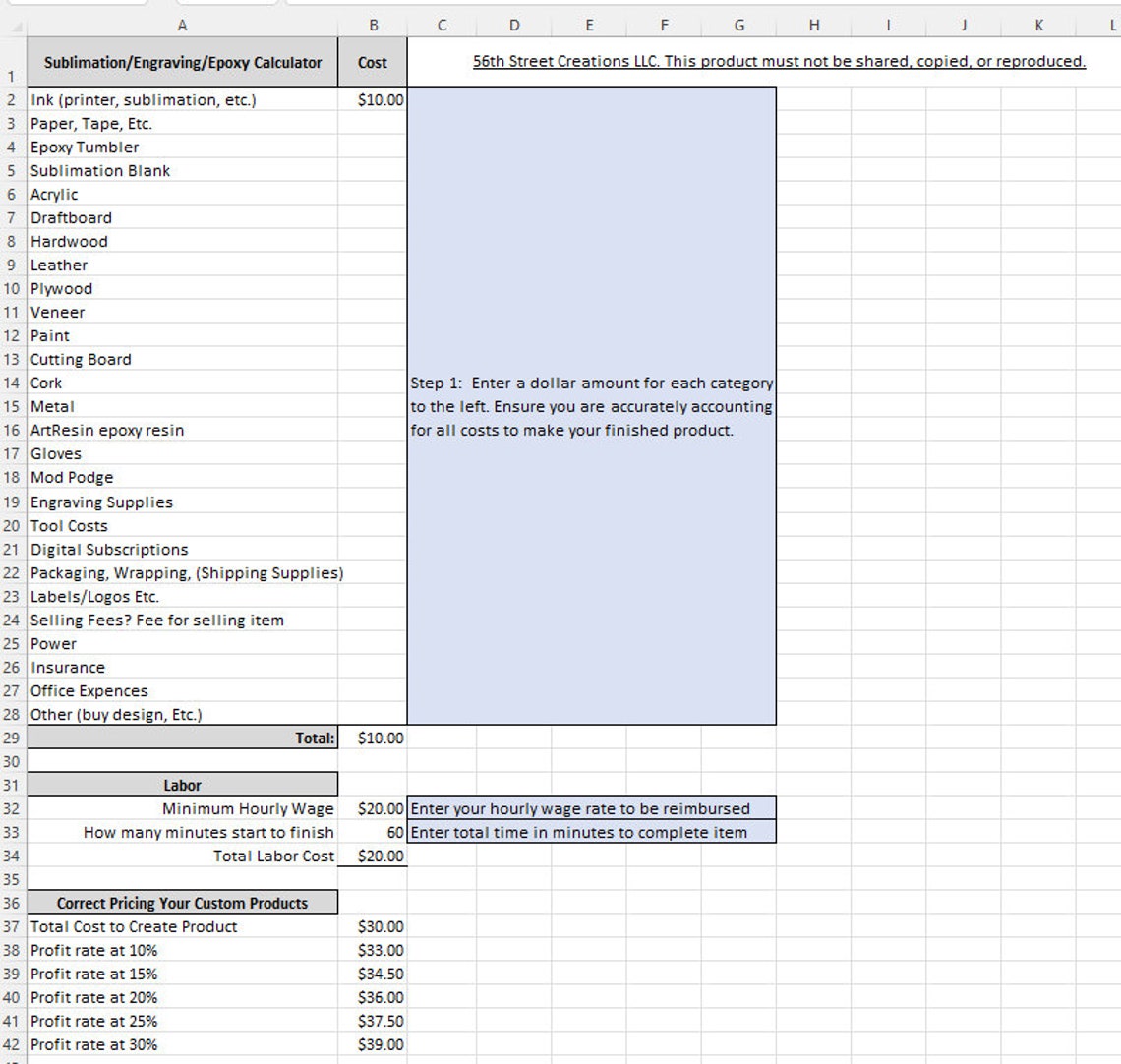 Sublimation, Laser, Epoxy Pricing Calculator - Etsy