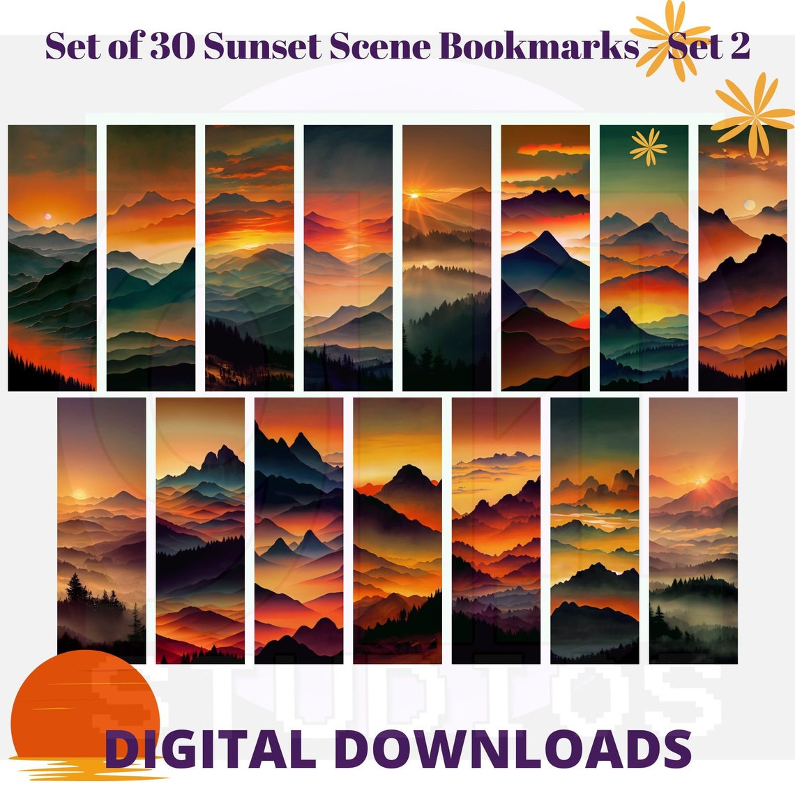 Set of 30 Sunset Digital Bookmarks to Download and Print Silhouette ...