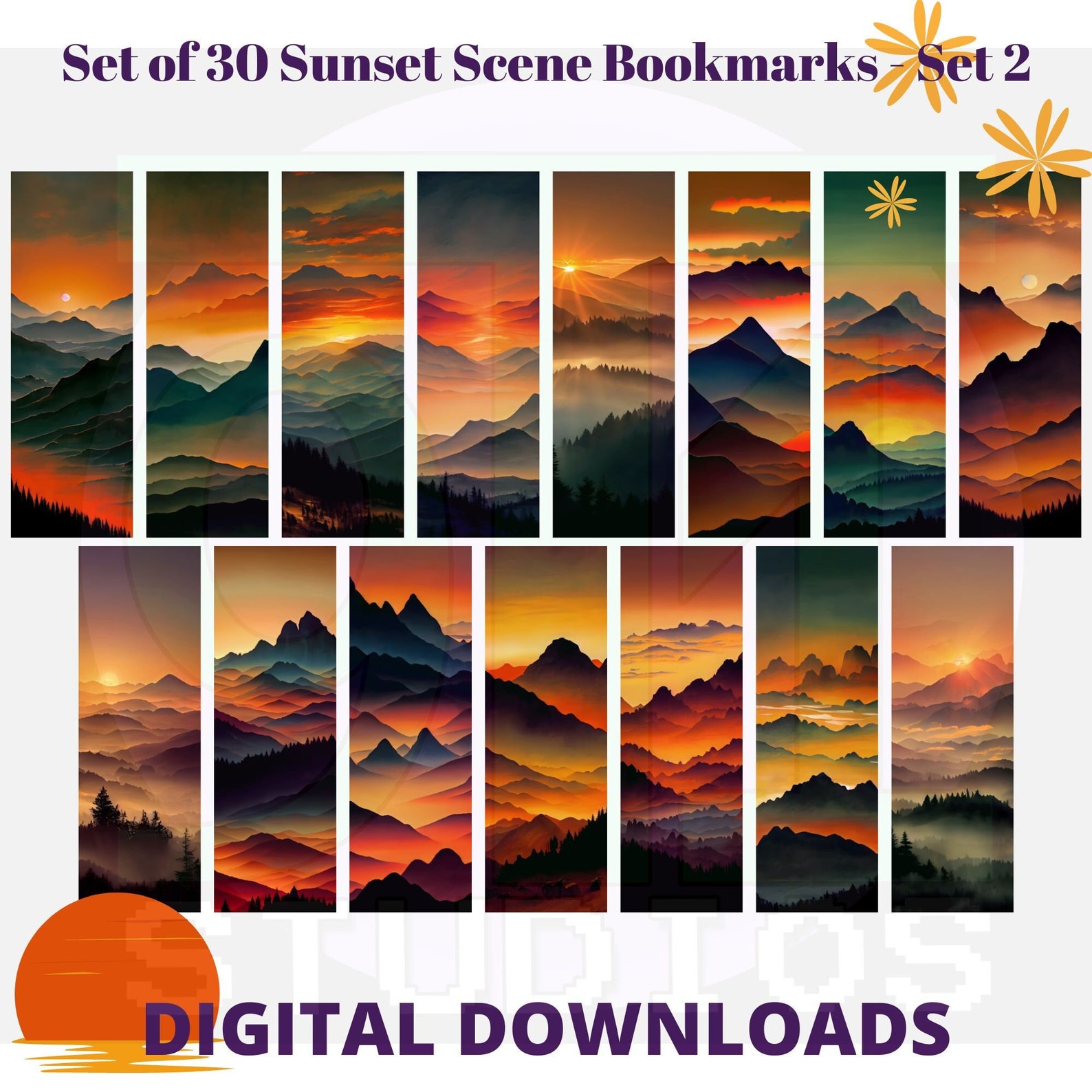 Set of 30 Sunset Digital Bookmarks to Download and Print Silhouette ...