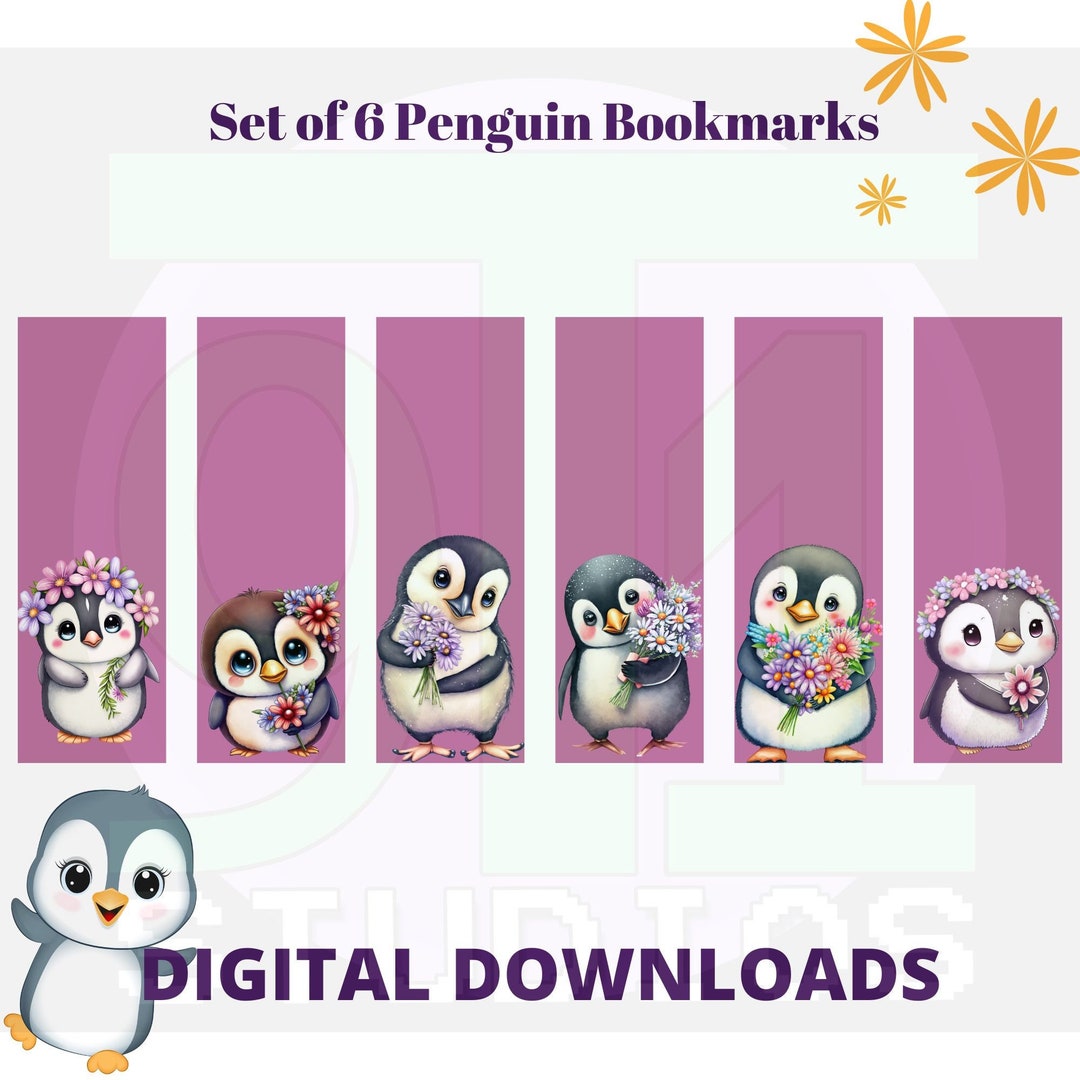 Set of 6 Penguin Digital Bookmarks to Download and Print - Silhouette ...