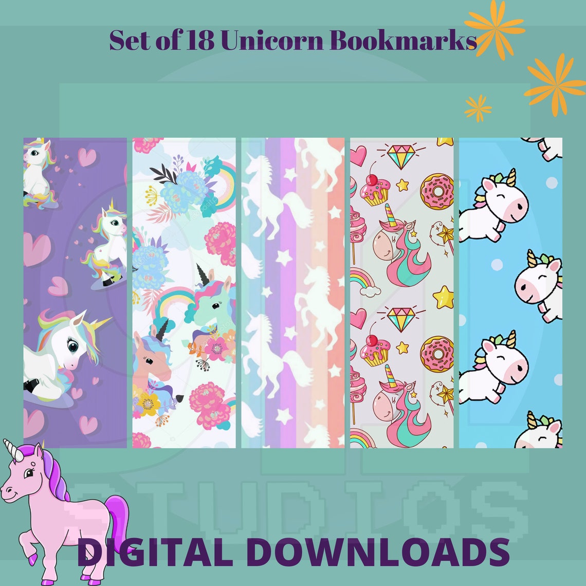 Set of 18 Unicorn Digital Bookmarks to Download and Print - Silhouette ...