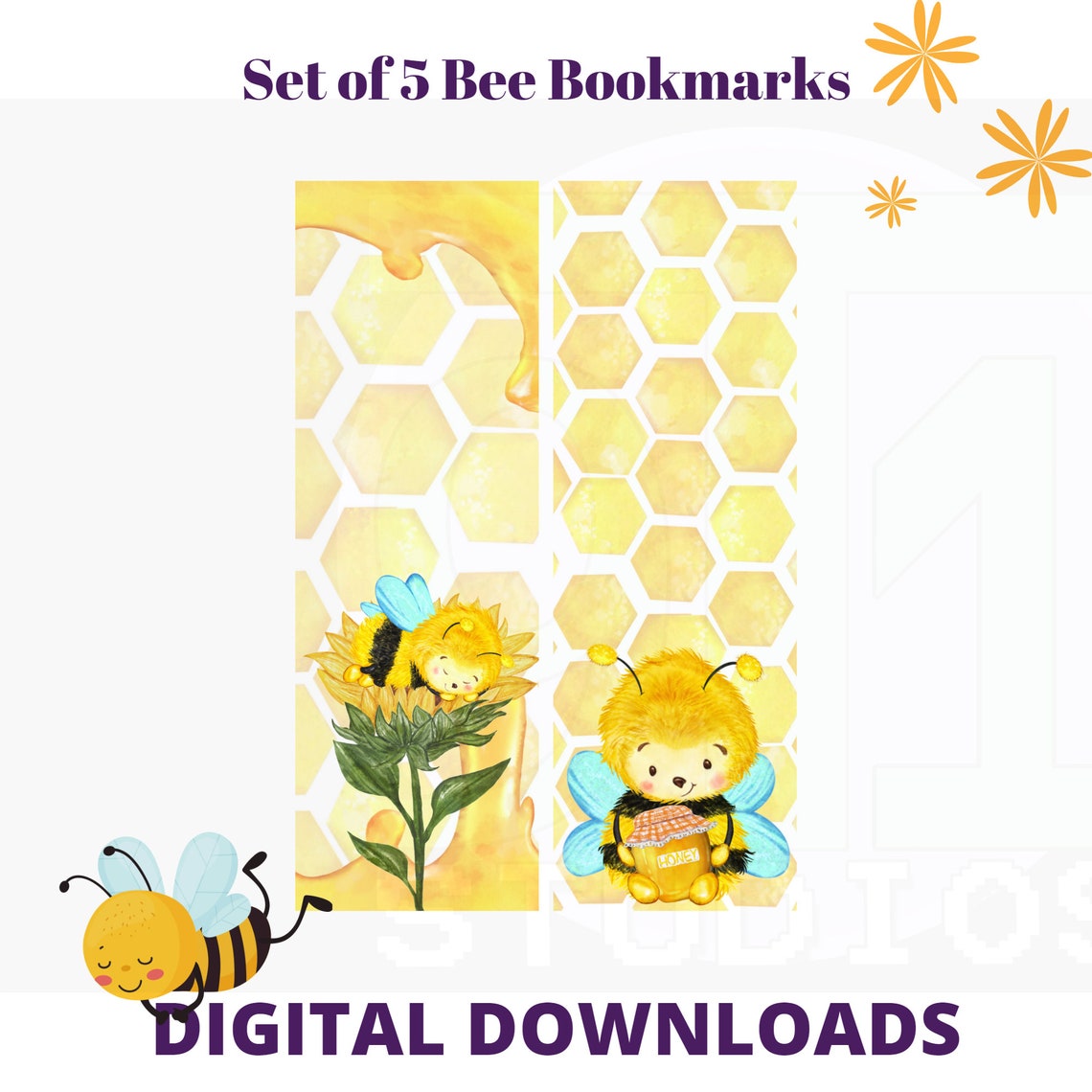 Set of 5 Bee Digital Bookmarks to Download and Print - Silhouette ...