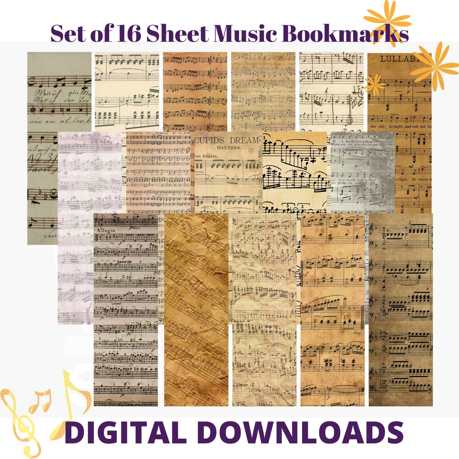Set of 16 Sheet Music Digital Bookmarks to Download and Print ...