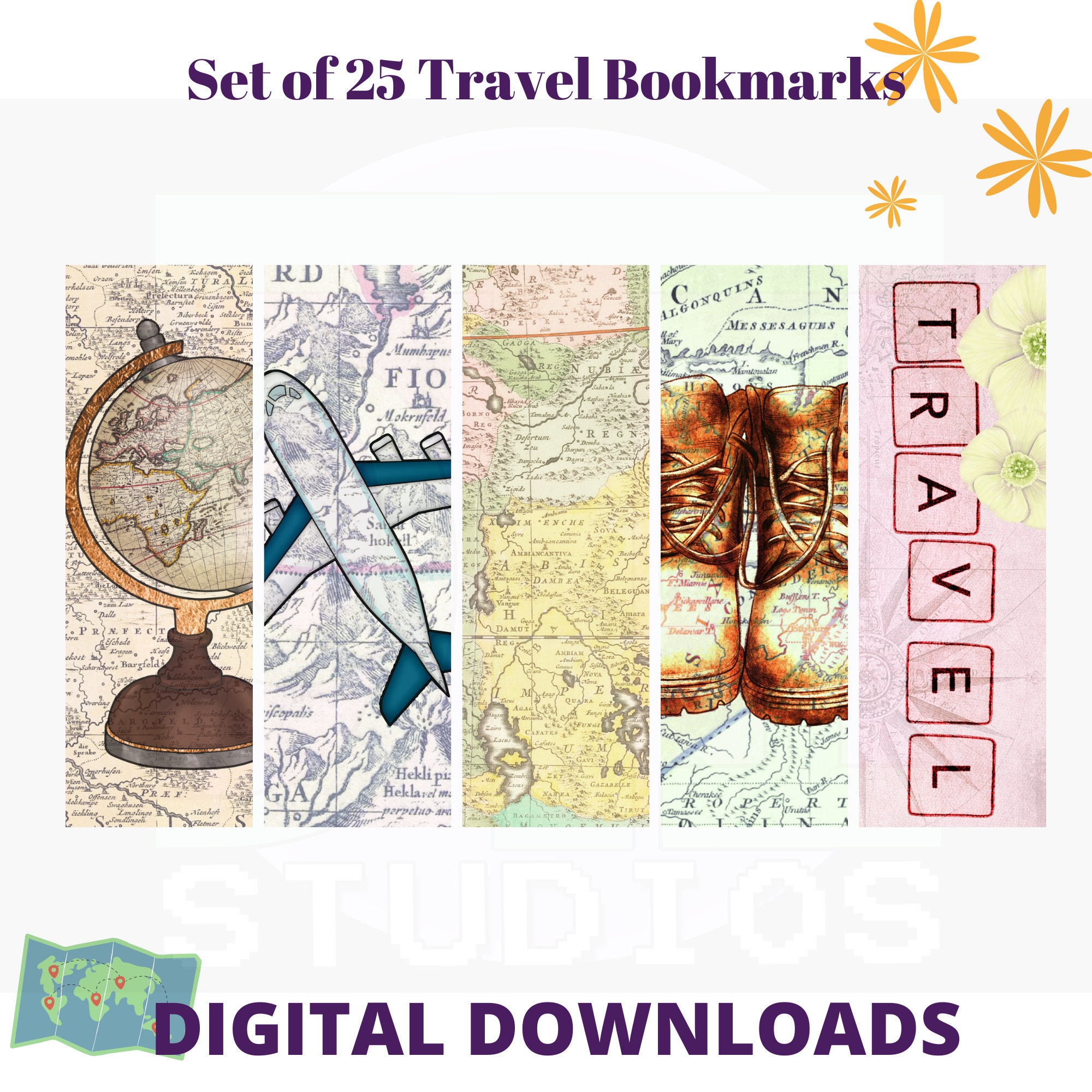 Set of 25 Travel Digital Bookmarks to Download and Print - Silhouette ...