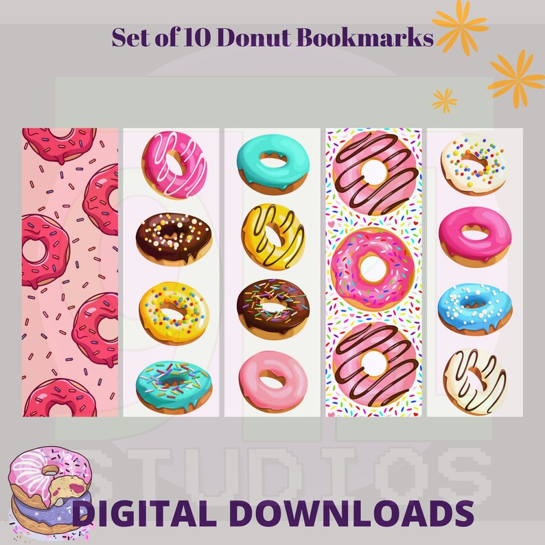 Set of 10 Donut Digital Bookmarks to Download and Print - Silhouette ...