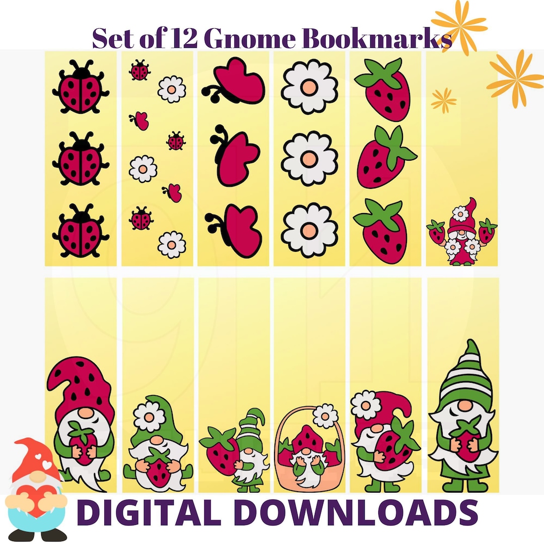 Set of 12 Gnome Digital Bookmarks to Download and Print - Silhouette ...