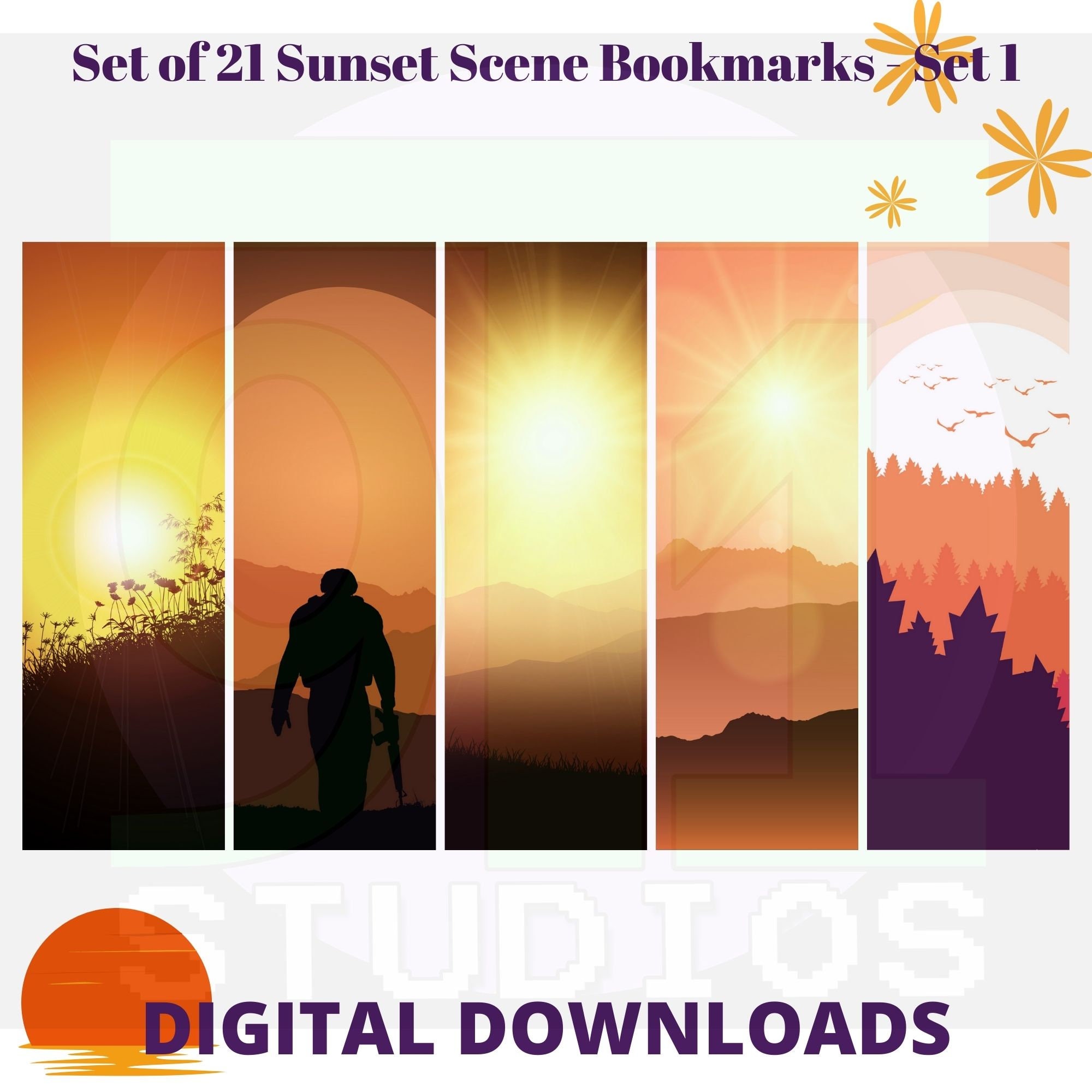 Set of 21 Sunset Digital Bookmarks to Download and Print Silhouette ...