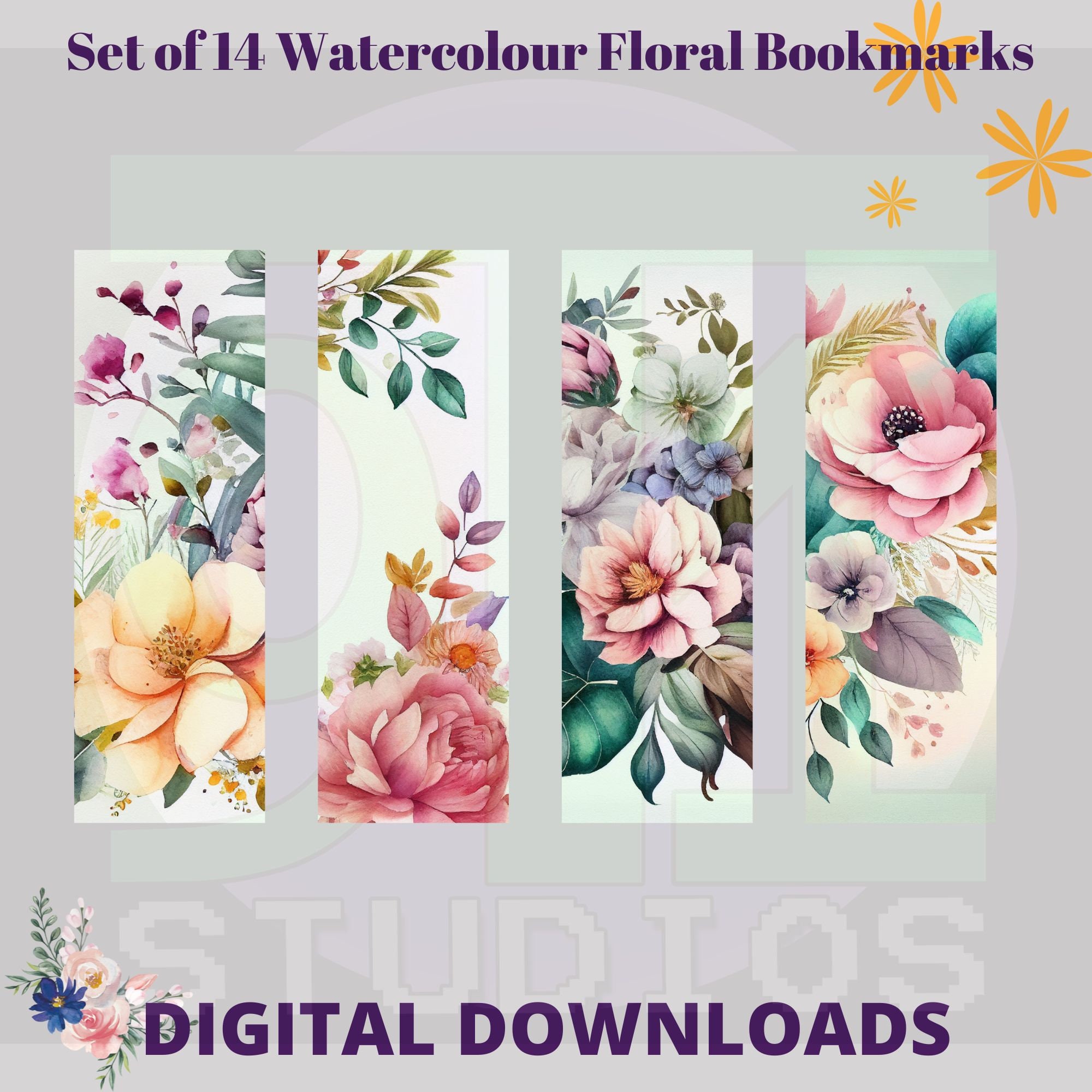 Set of 14 Watercolour Flower Digital Bookmarks to Download and - Etsy