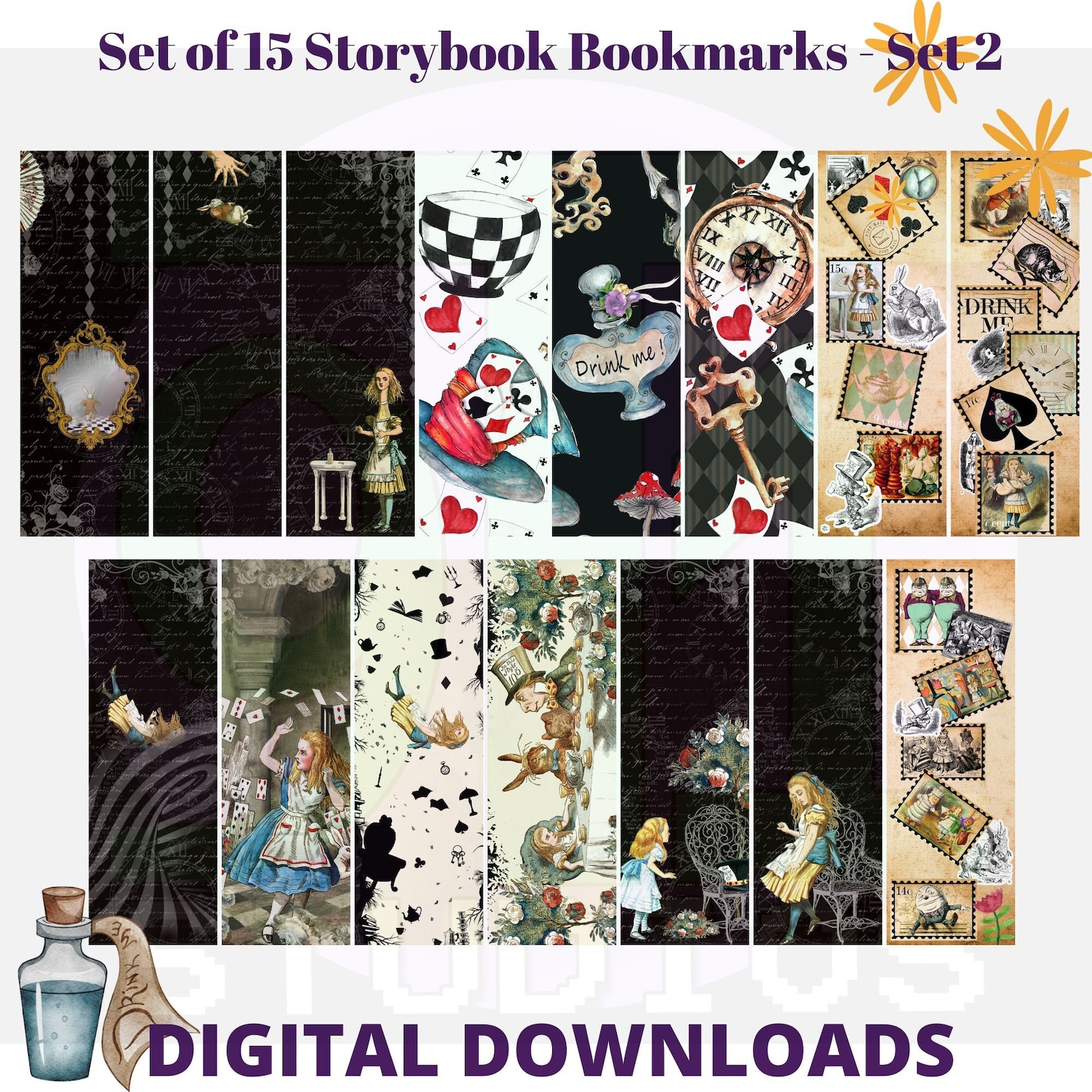 Set of 15 Storybook Alice Themed Digital Bookmarks to Download and ...