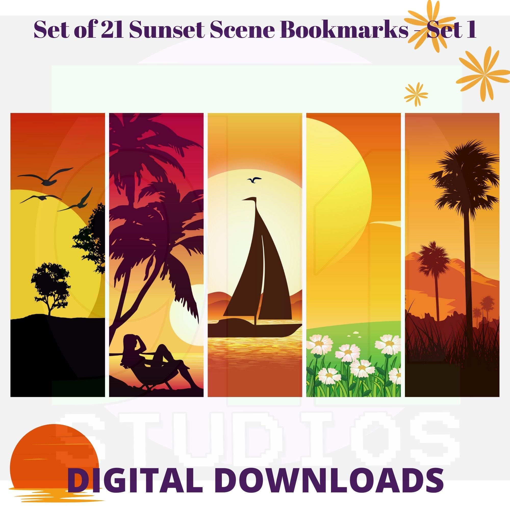 Set of 21 Sunset Digital Bookmarks to Download and Print Silhouette ...