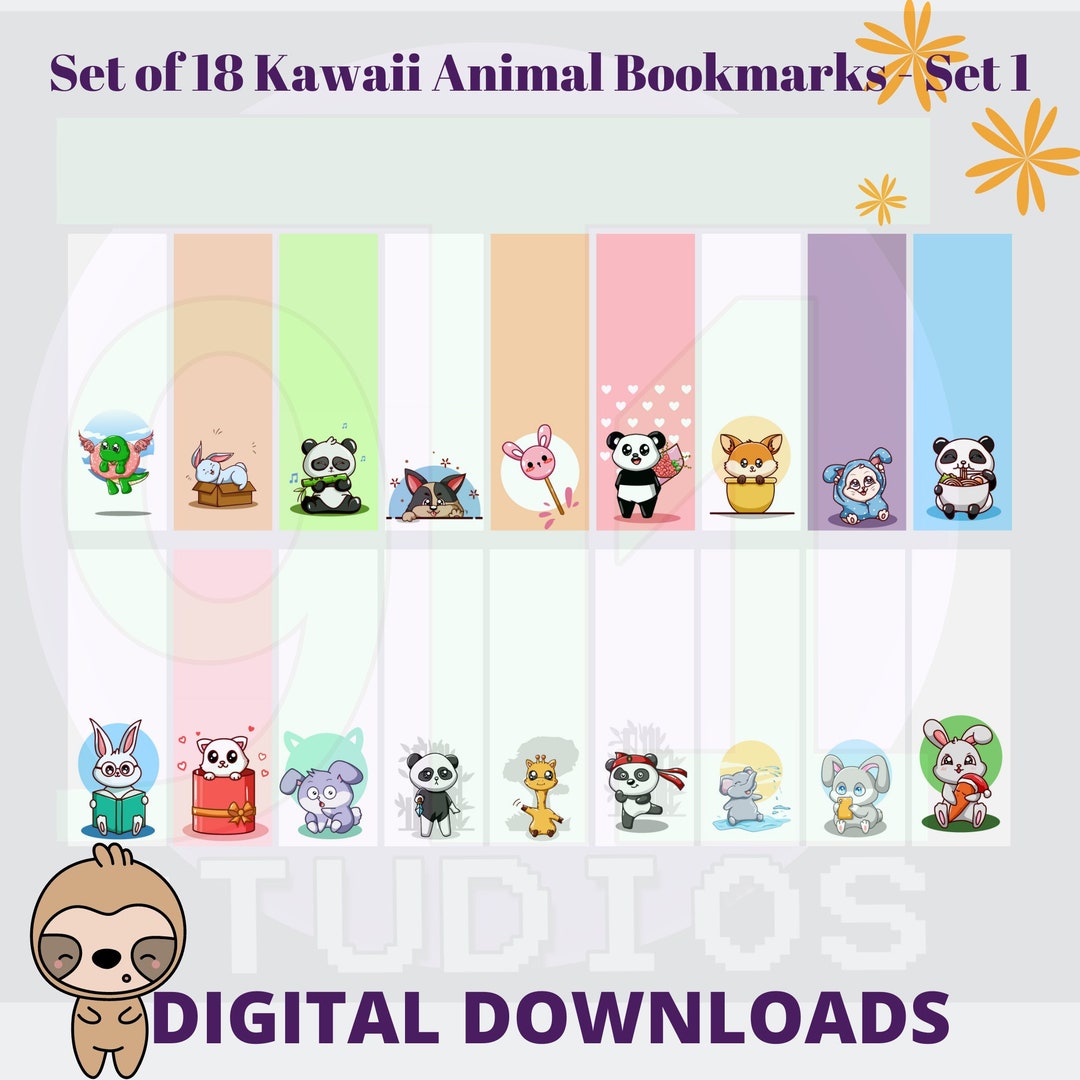 Set of 18 Kawaii Animal Digital Bookmarks to Download and Print ...