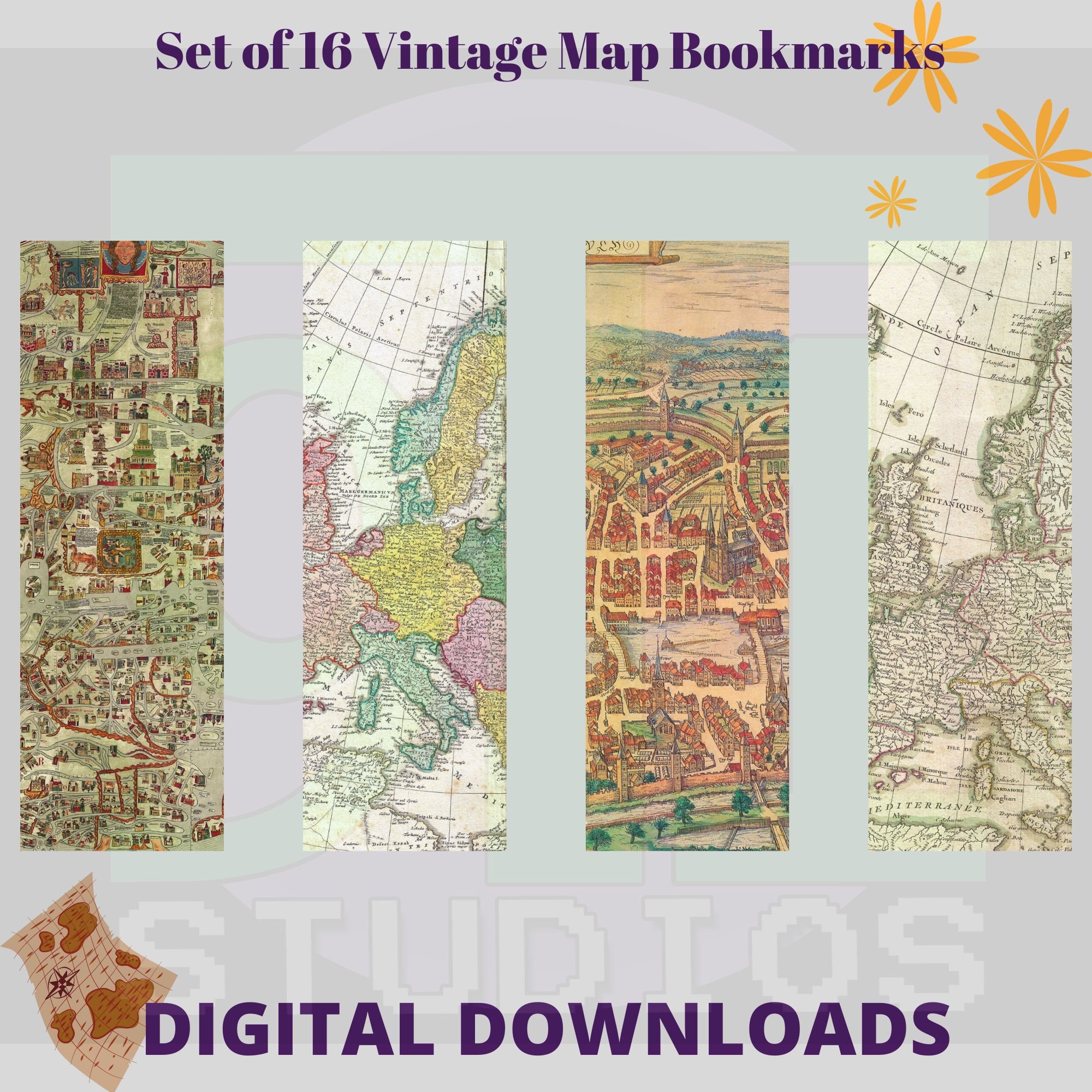 Set of 16 Vintage Map Digital Bookmarks to Download and Print Silhouette, Cricut, Print and Cut ...