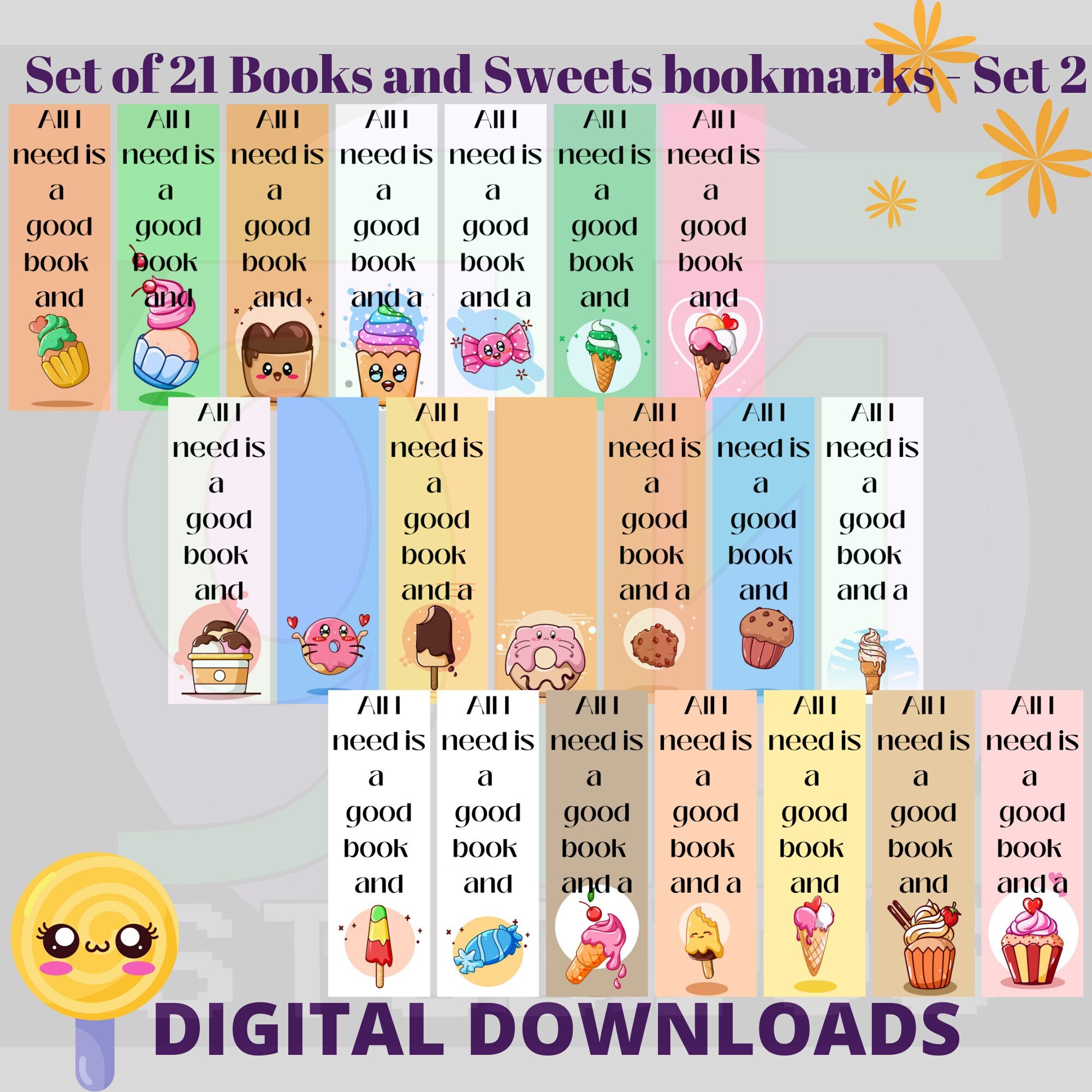 Set of 21 Books and Sweets Digital Bookmarks to Download and Print ...