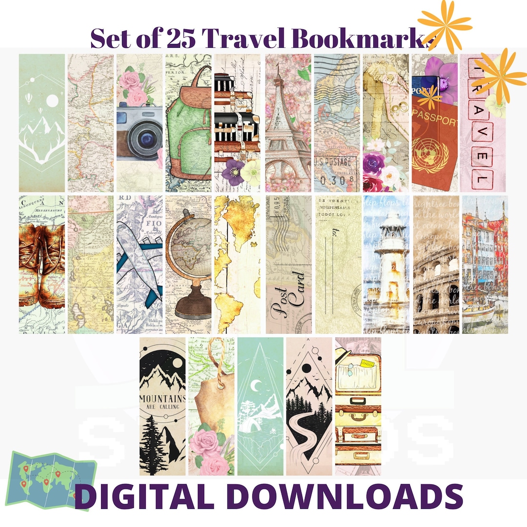 Set of 25 Travel Digital Bookmarks to Download and Print - Silhouette ...
