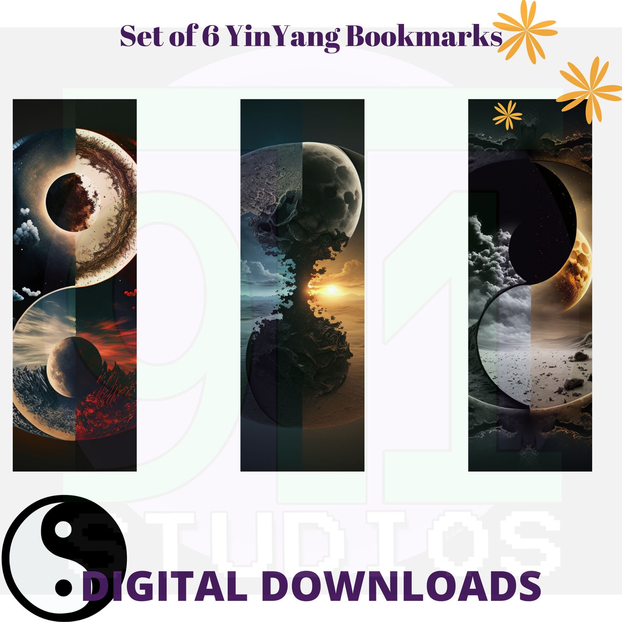 Set of 6 Yin Yang Digital Bookmarks to Download and Print Silhouette ...