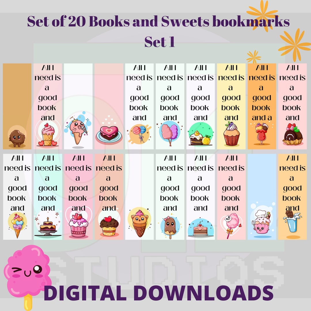 Set of 20 Books and Sweets Digital Bookmarks to Download and Print ...