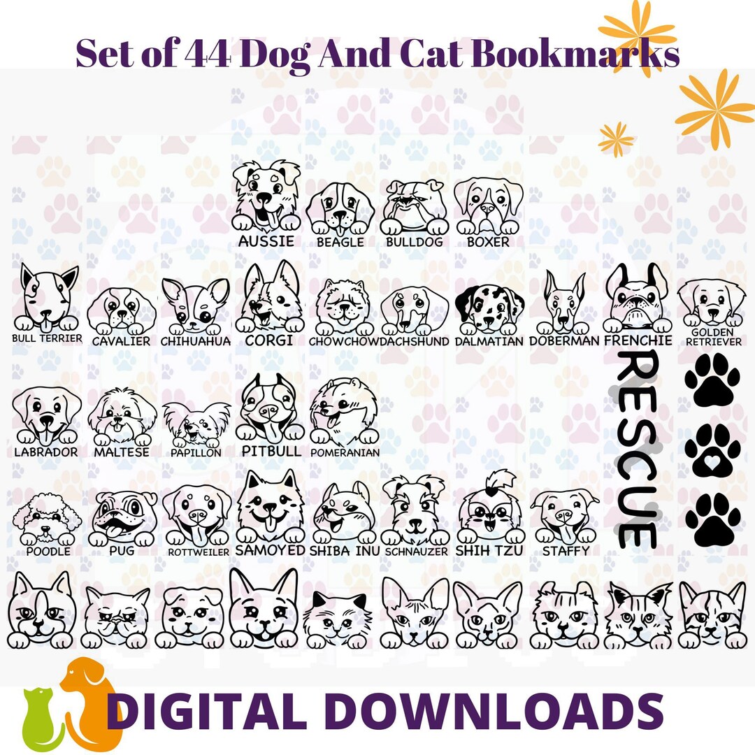 Set of 44 Dogs and Cats Digital Bookmarks to Download and Print ...