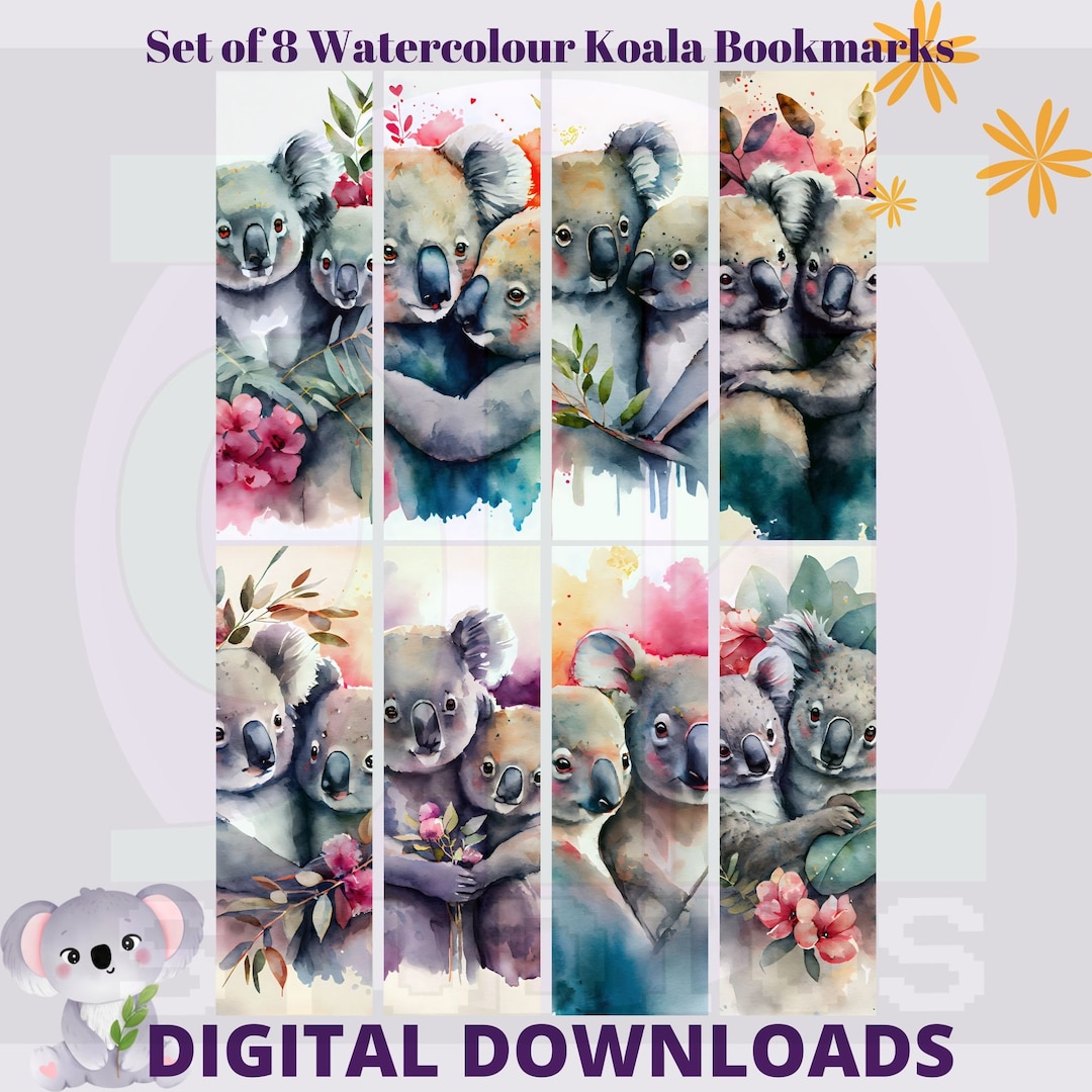 Set of 8 Watercolour Koala Digital Bookmarks to Download and Print ...