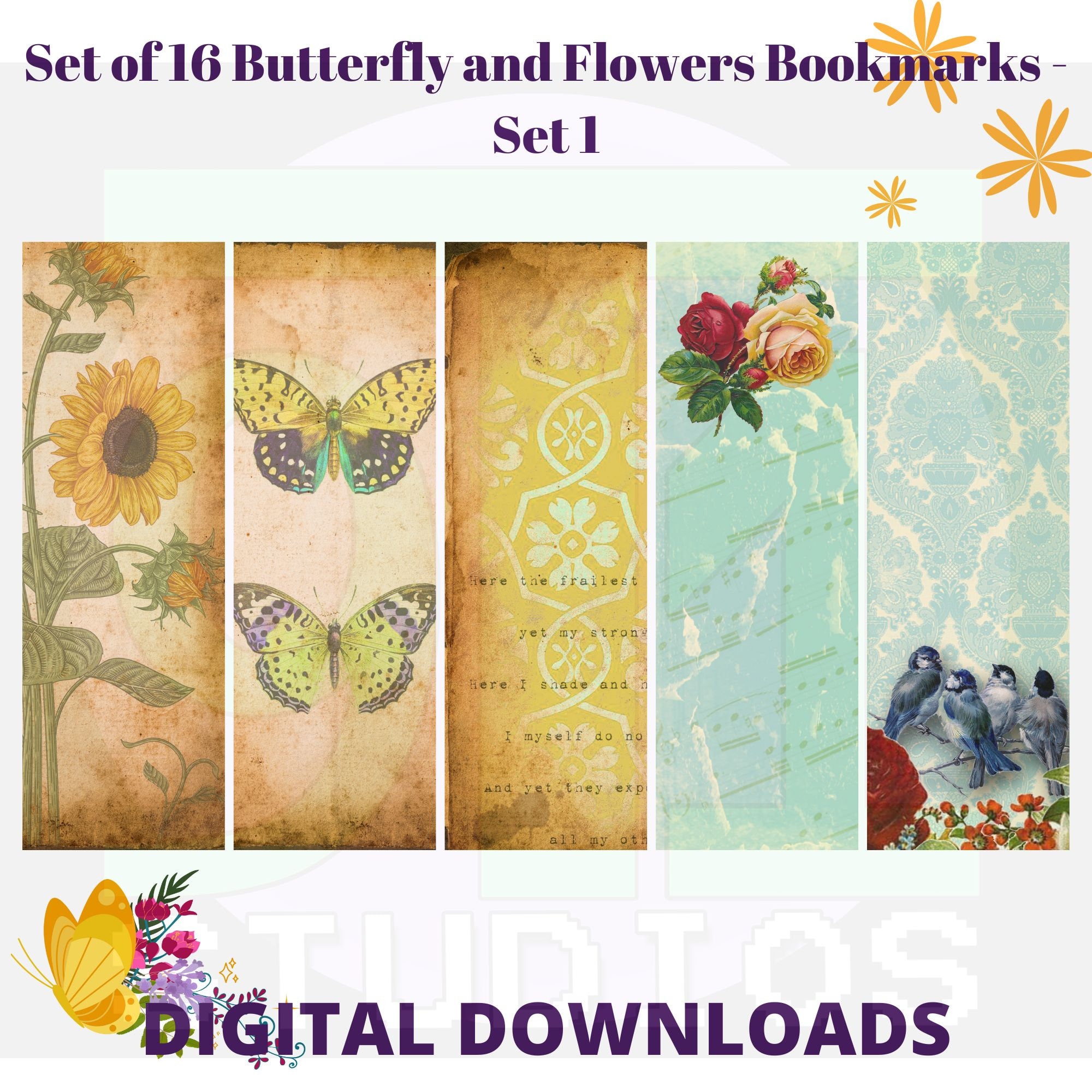 Set of 15 Butterfly and Flower Digital Bookmarks to Download - Etsy