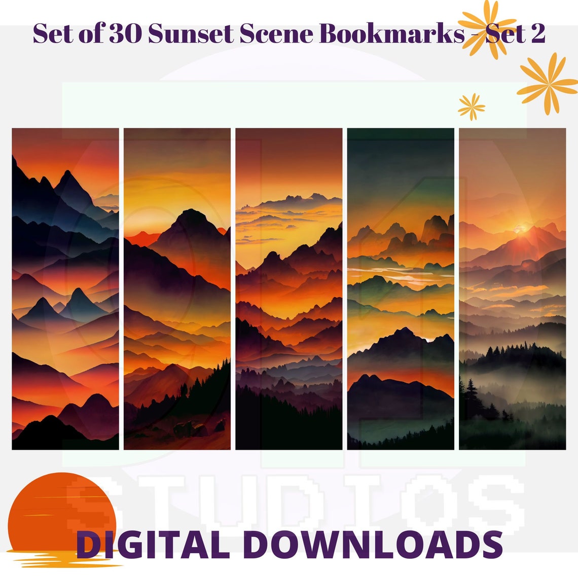 Set of 30 Sunset Digital Bookmarks to Download and Print Silhouette ...