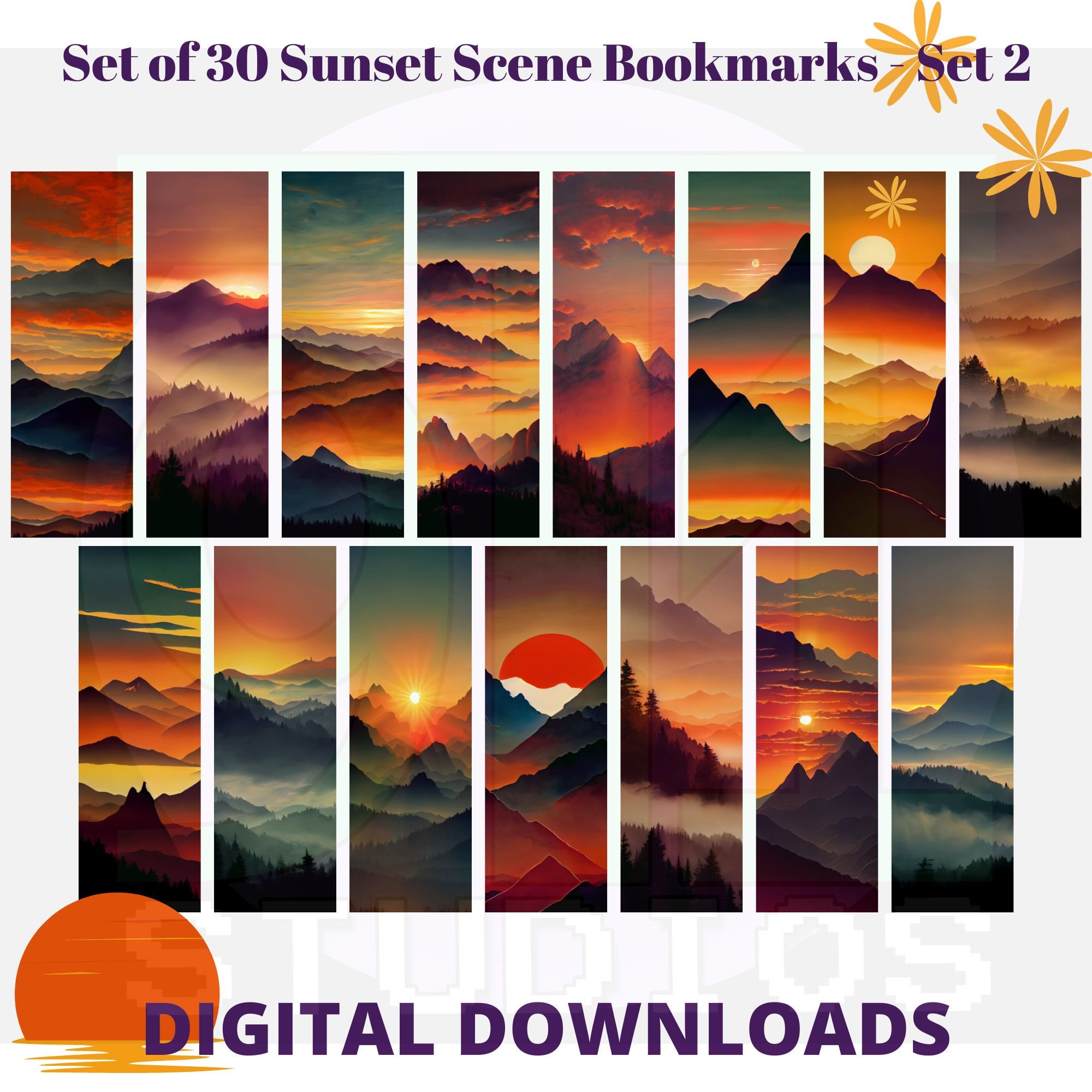 Set of 30 Sunset Digital Bookmarks to Download and Print Silhouette ...