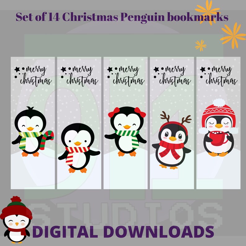 Set of 14 Christmas Penguin Digital Bookmarks to Download and Print ...
