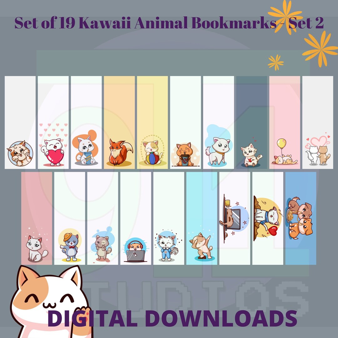 Set of 19 Kawaii Animal Digital Bookmarks to Download and Print ...