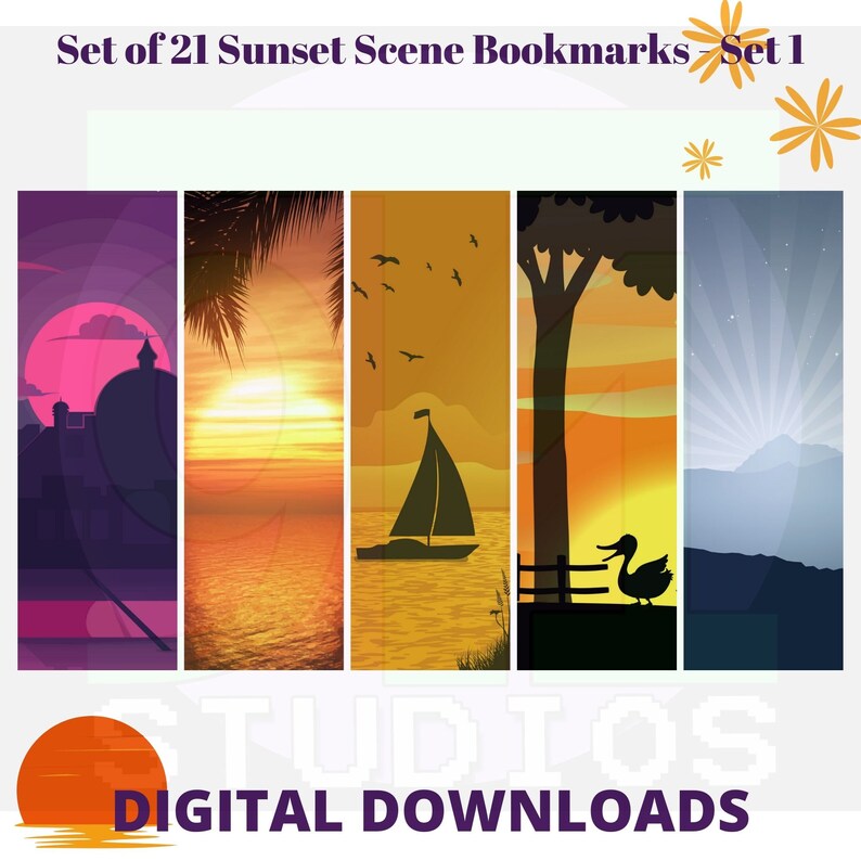 Set of 21 Sunset Digital Bookmarks to Download and Print Silhouette ...