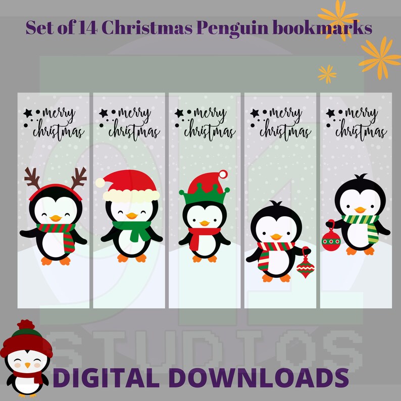 Set of 14 Christmas Penguin Digital Bookmarks to Download and Print ...