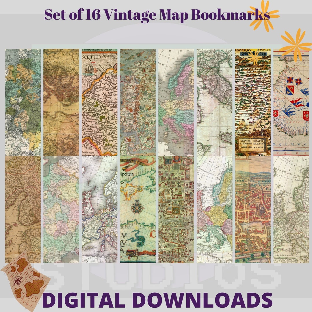 Set of 16 Vintage Map Digital Bookmarks to Download and Print ...