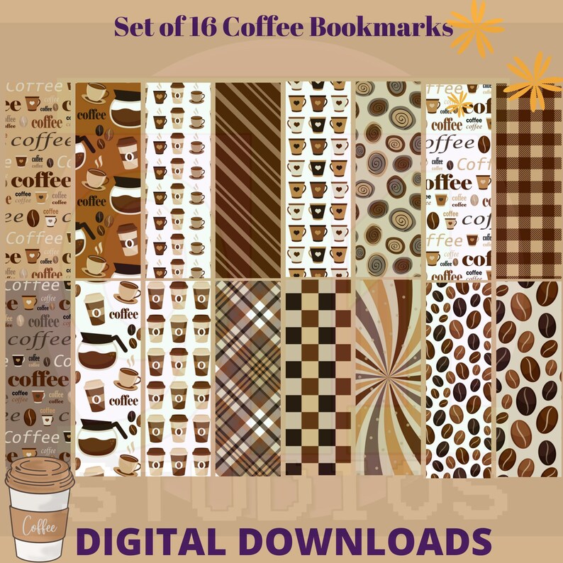 Set of 16 Coffee Digital Bookmarks to Download and Print - Silhouette ...