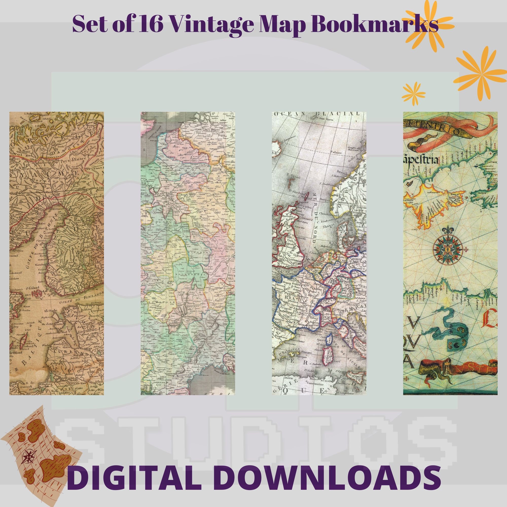 Set of 16 Vintage Map Digital Bookmarks to Download and Print ...