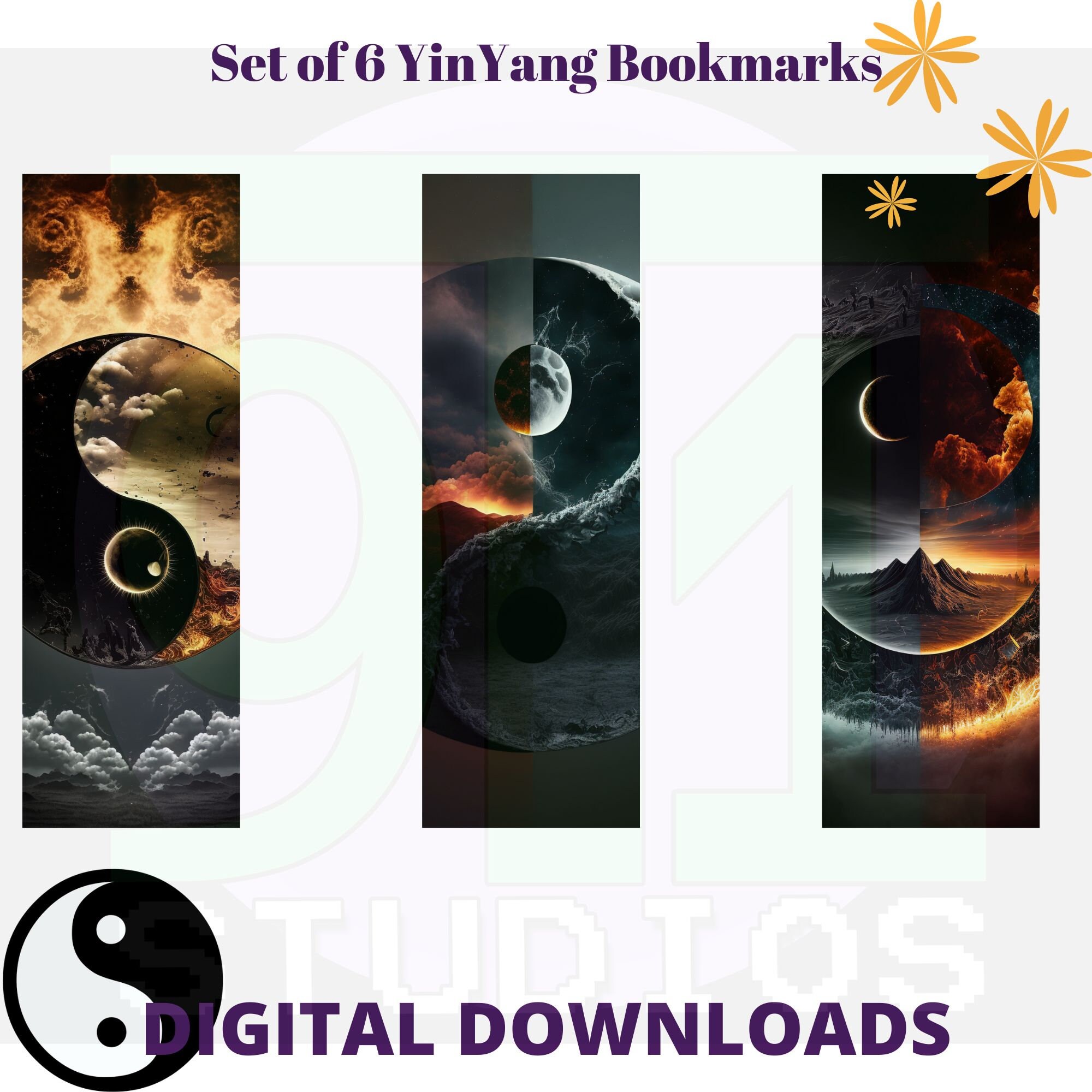 Set of 6 Yin Yang Digital Bookmarks to Download and Print Silhouette ...