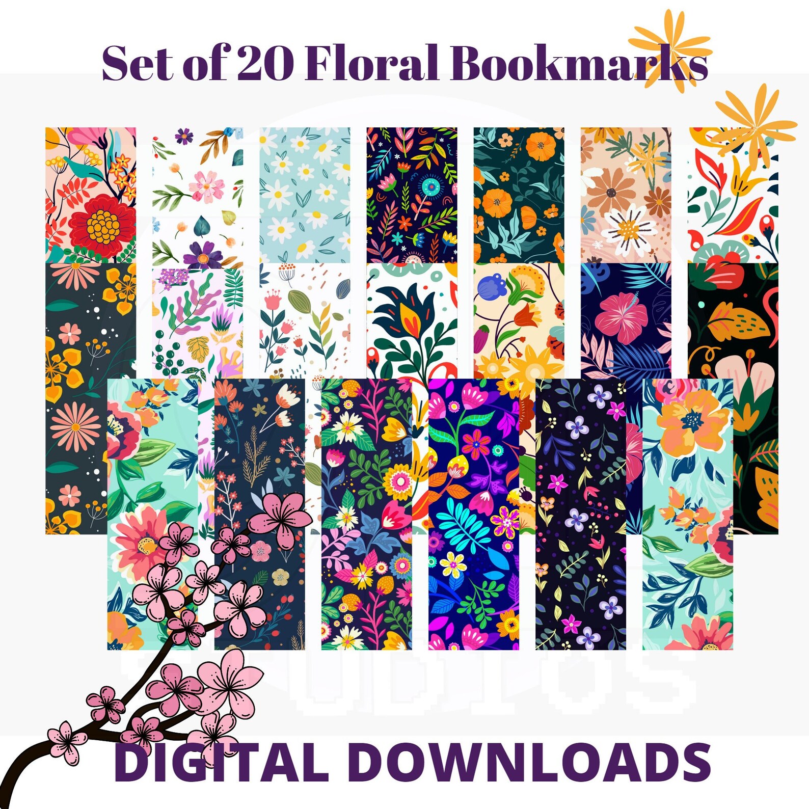 Set of 20 Floral Digital Bookmarks to Download and Print - Silhouette ...