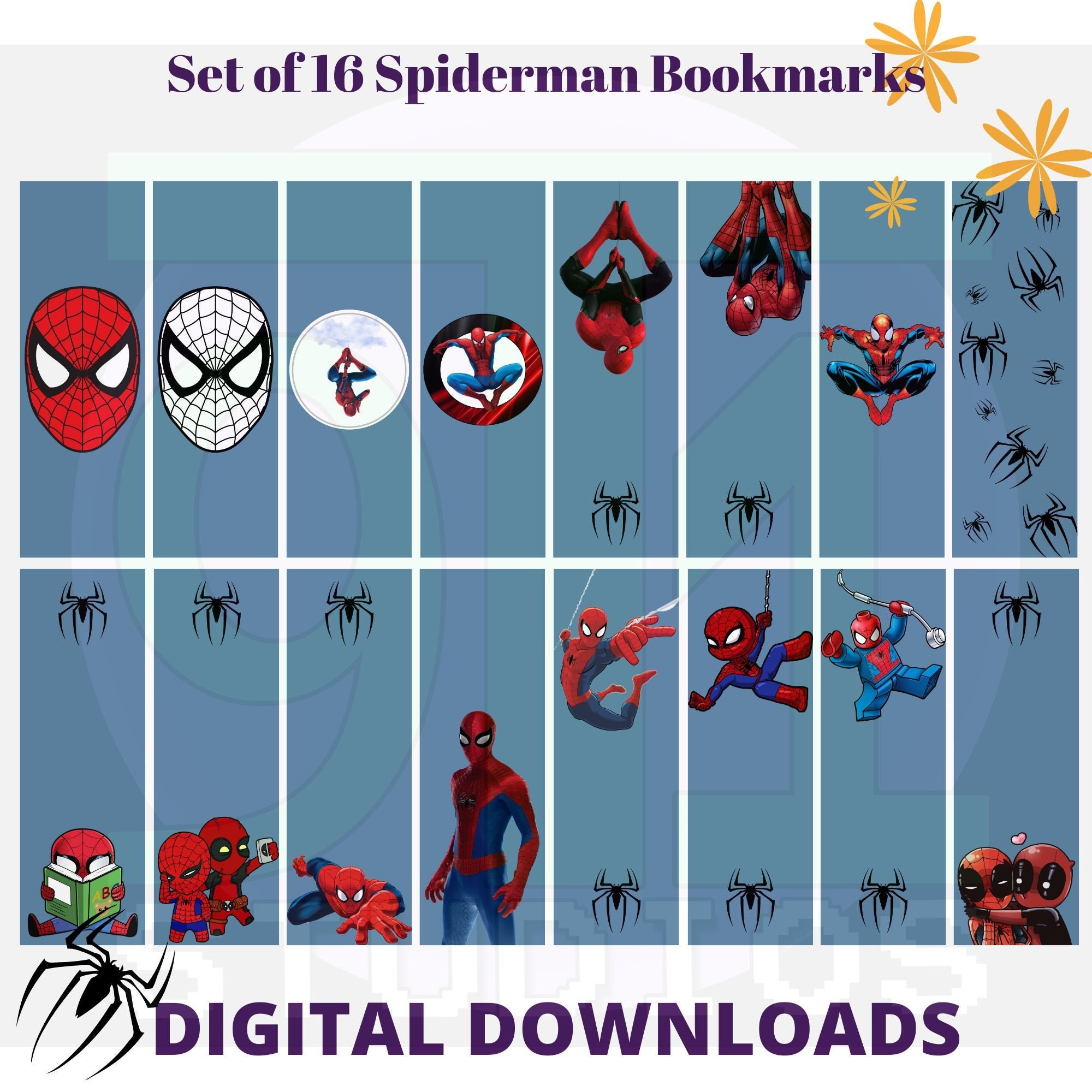 Set of 16 Spiderman Digital Bookmarks to Download and Print ...