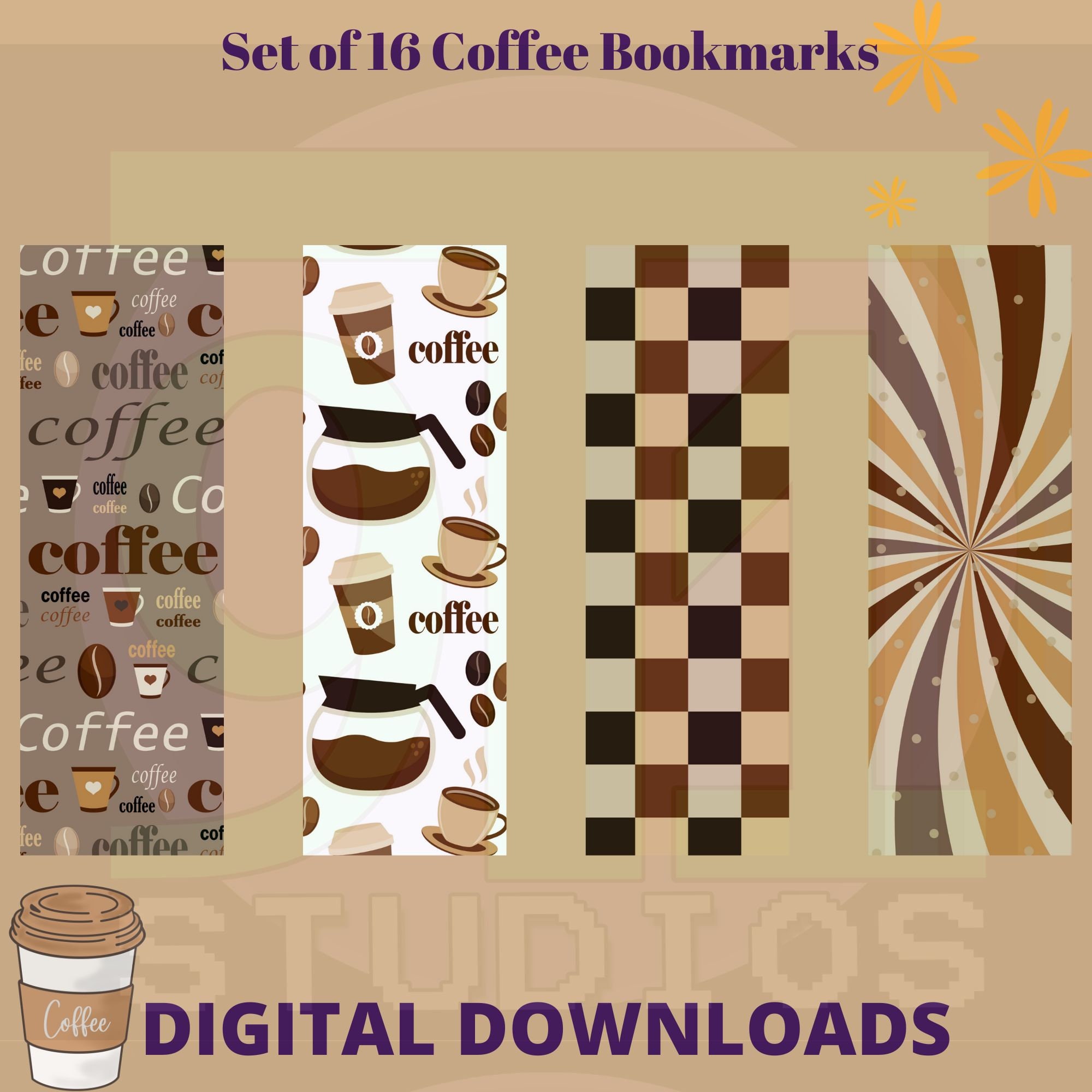 Set of 16 Coffee Digital Bookmarks to Download and Print - Silhouette ...