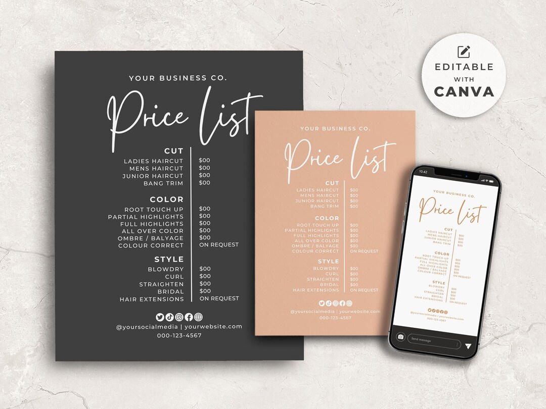 Price List Template Small Business Canva, Editable Salon Price List ...