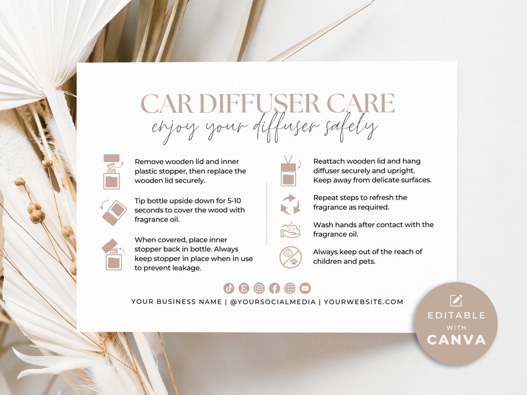 Car Diffuser Care Card Template Canva, Printable Hanging Diffuser Care ...