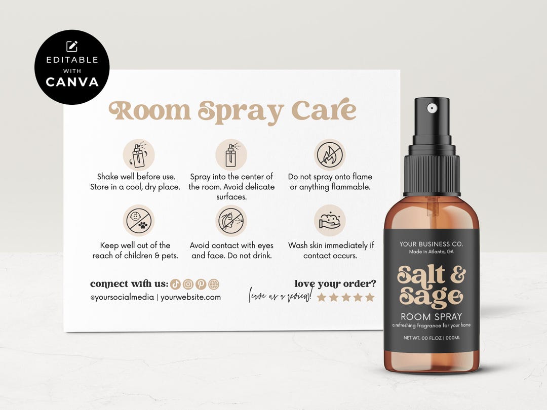 Room Spray Label Template + Matching Care Card & Icons Canva, Linen ...