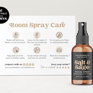 Room Spray Label Template + Matching Care Card & Icons Canva, Linen ...