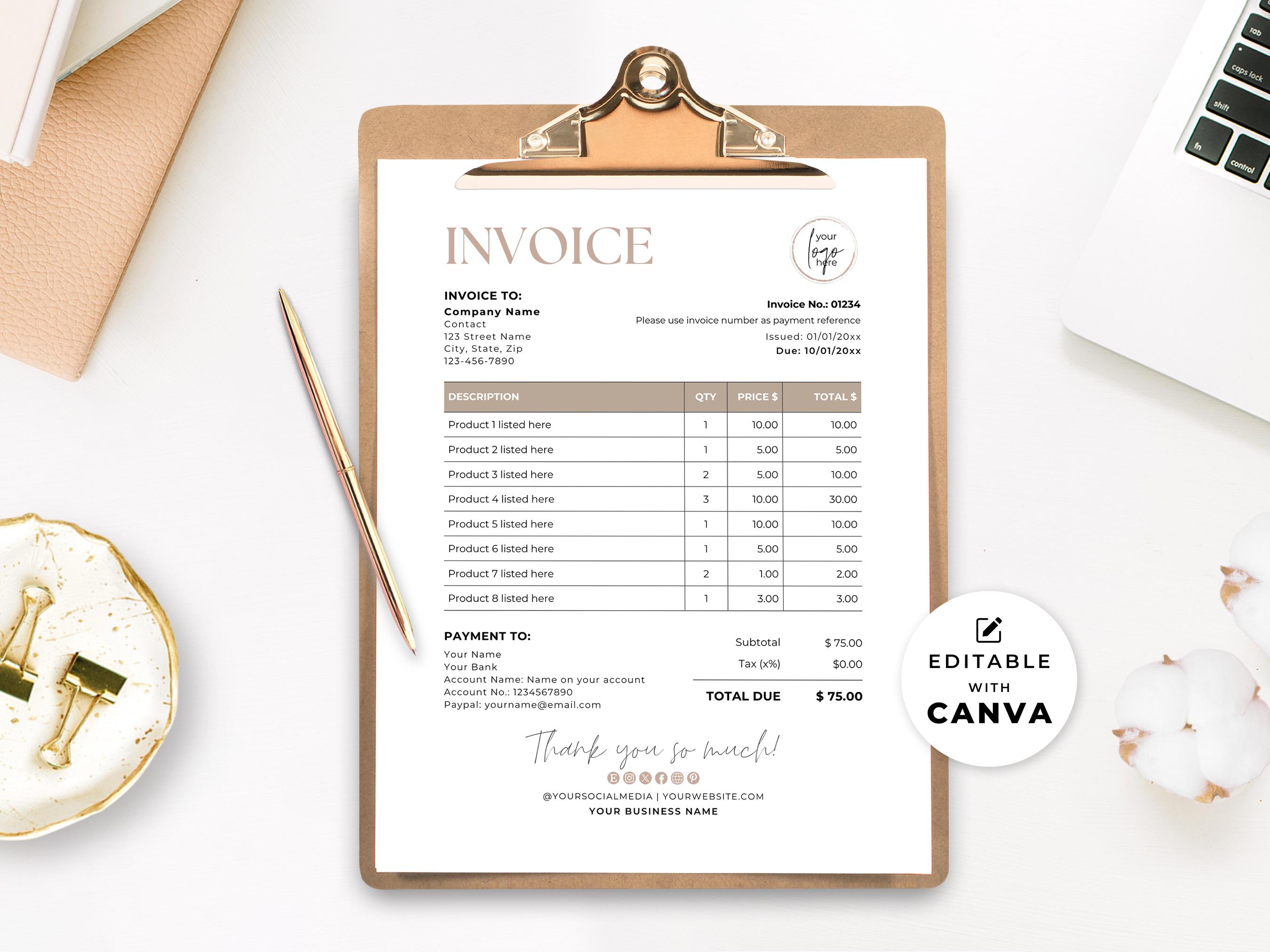 Printable Invoice Template Canva, Editable Small Business Invoice ...