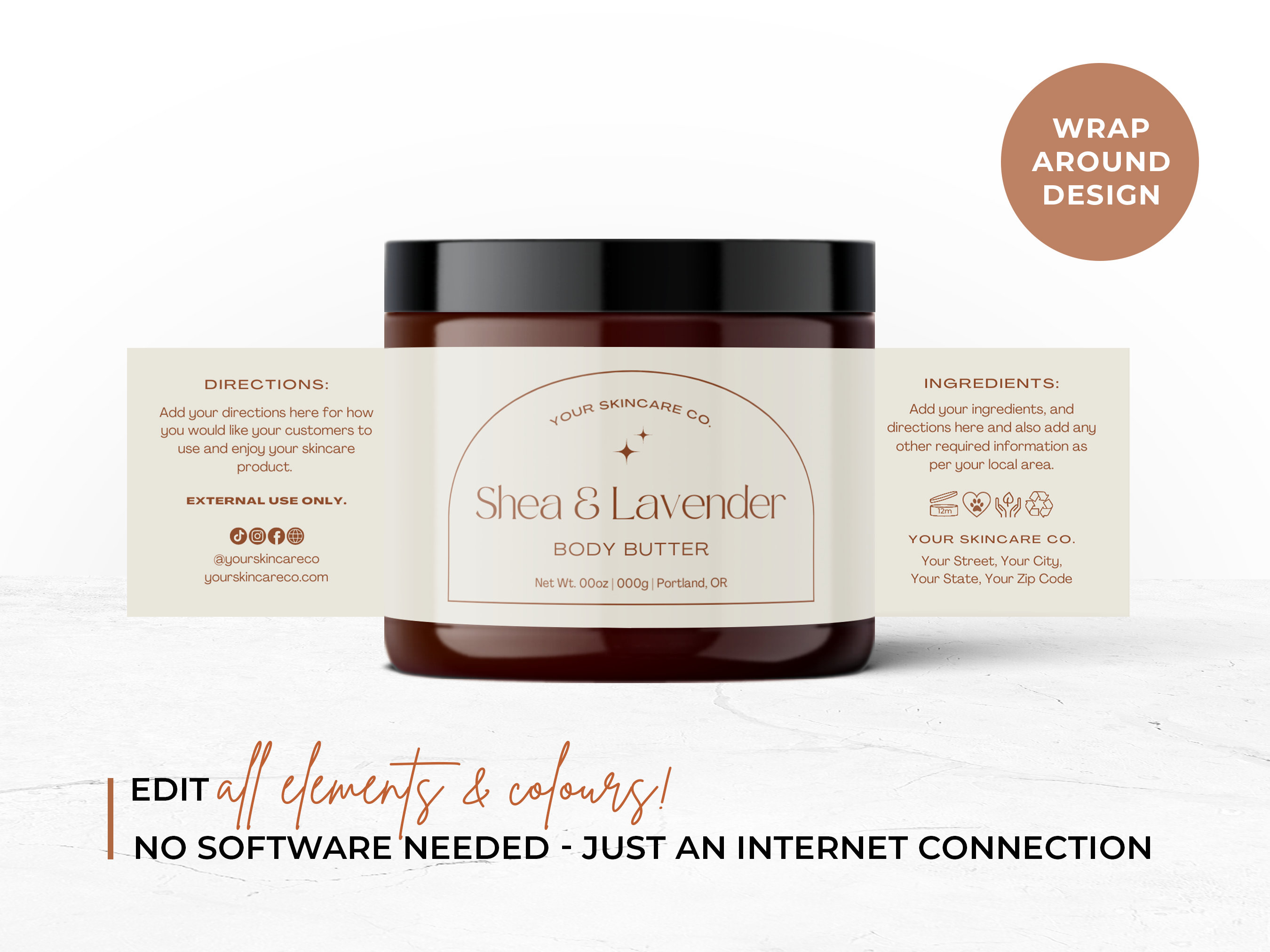 Editable Body Product Skincare Label Template, Boho Body Butter Jar ...