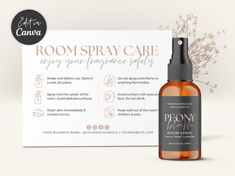 Room Spray Label Template + Matching Care Card & Icons Canva, Linen ...