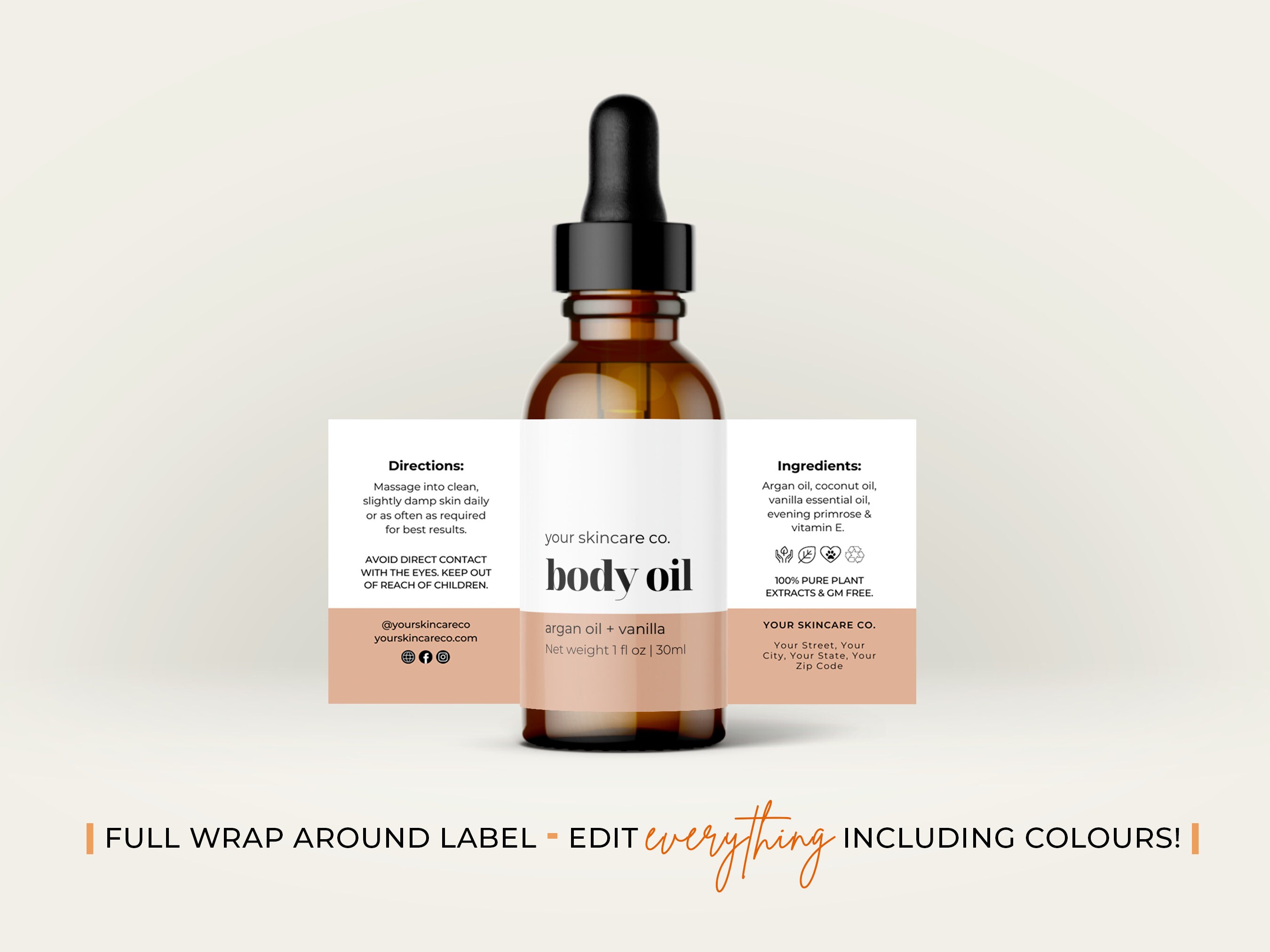Editable Dropper Bottle Label Template, Skincare Body Oil Custom Label ...