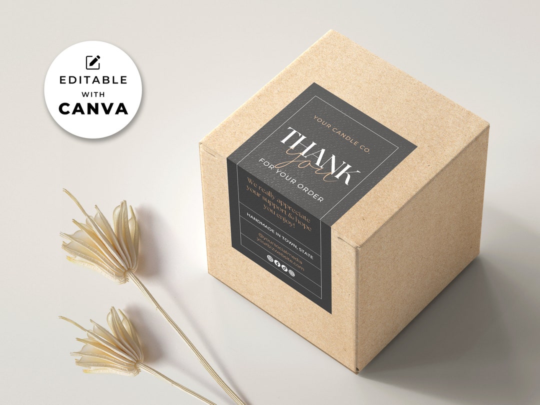 Box Label Template Canva, Custom Box Seal Label Design, Package Thank ...
