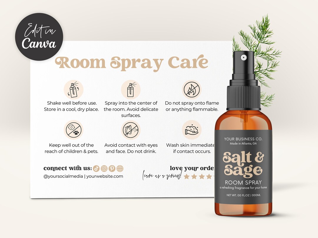 Room Spray Label Template Matching Care Card & Icons Canva, Linen Spray ...
