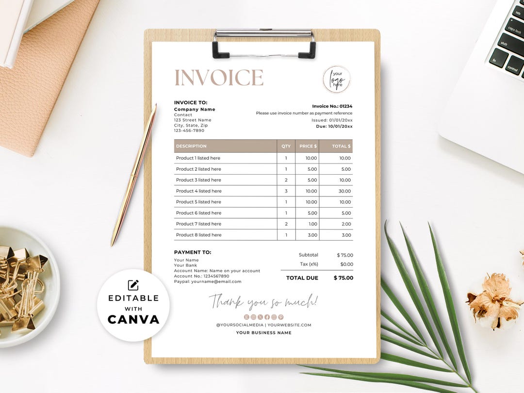 Printable Invoice Template Canva, Editable Small Business Invoice ...