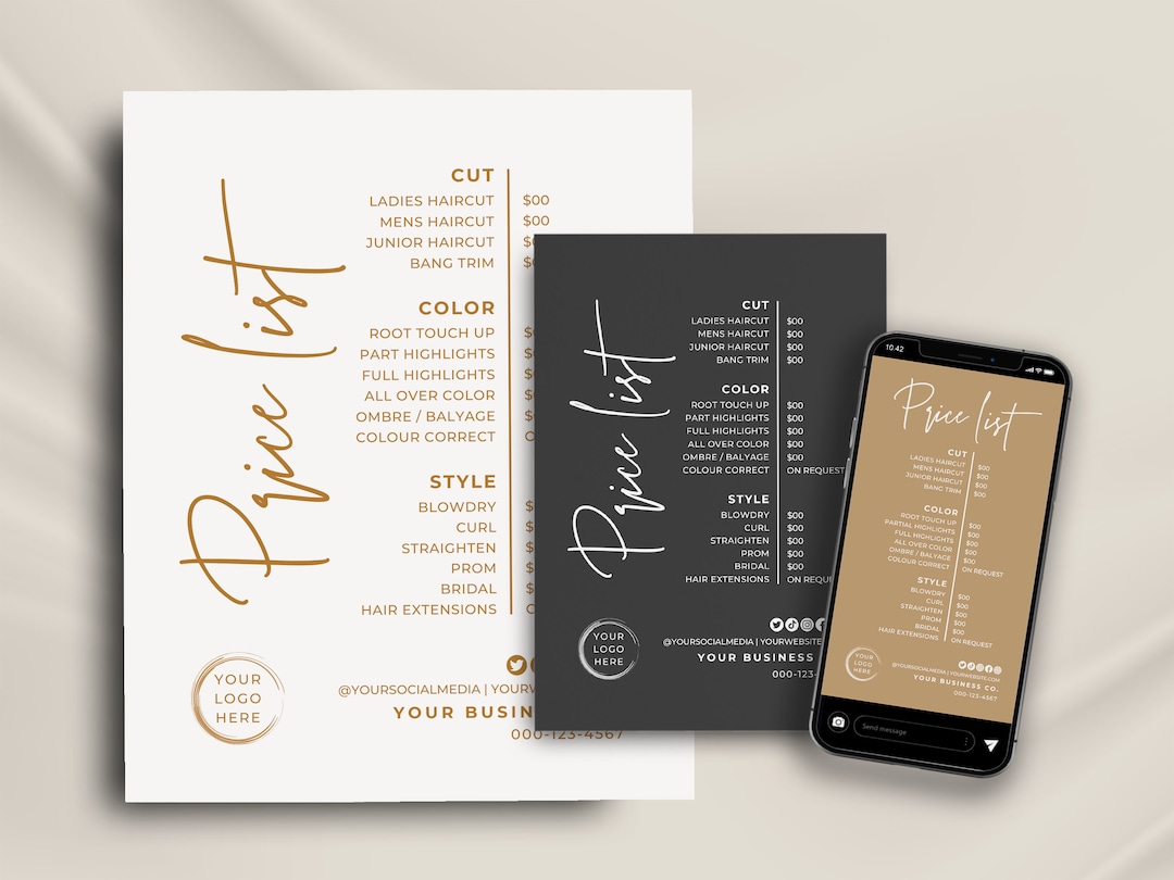 Editable Price List Template Canva, Printable Hair Salon Price List ...