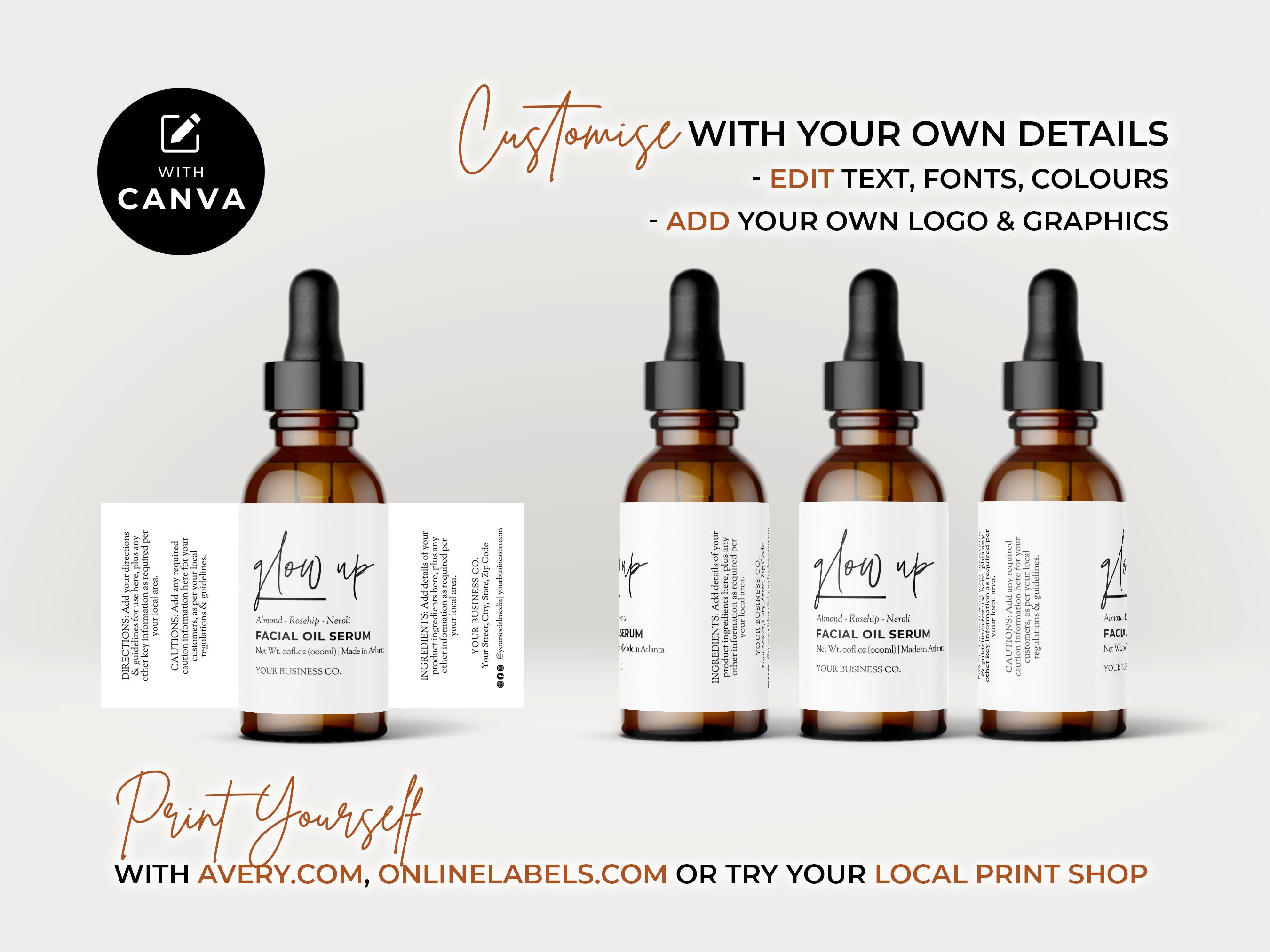 Dropper Bottle Label Template Canva, Printable Body Oil Label Design ...